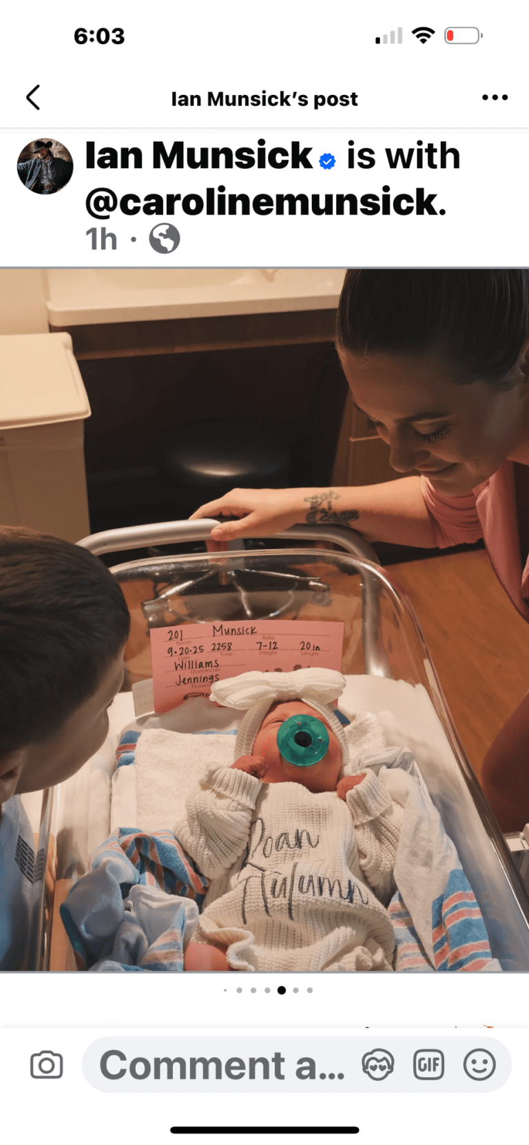 Ian Munsick’s wife Caroline Munsick had their baby today, Roan Autumn ...